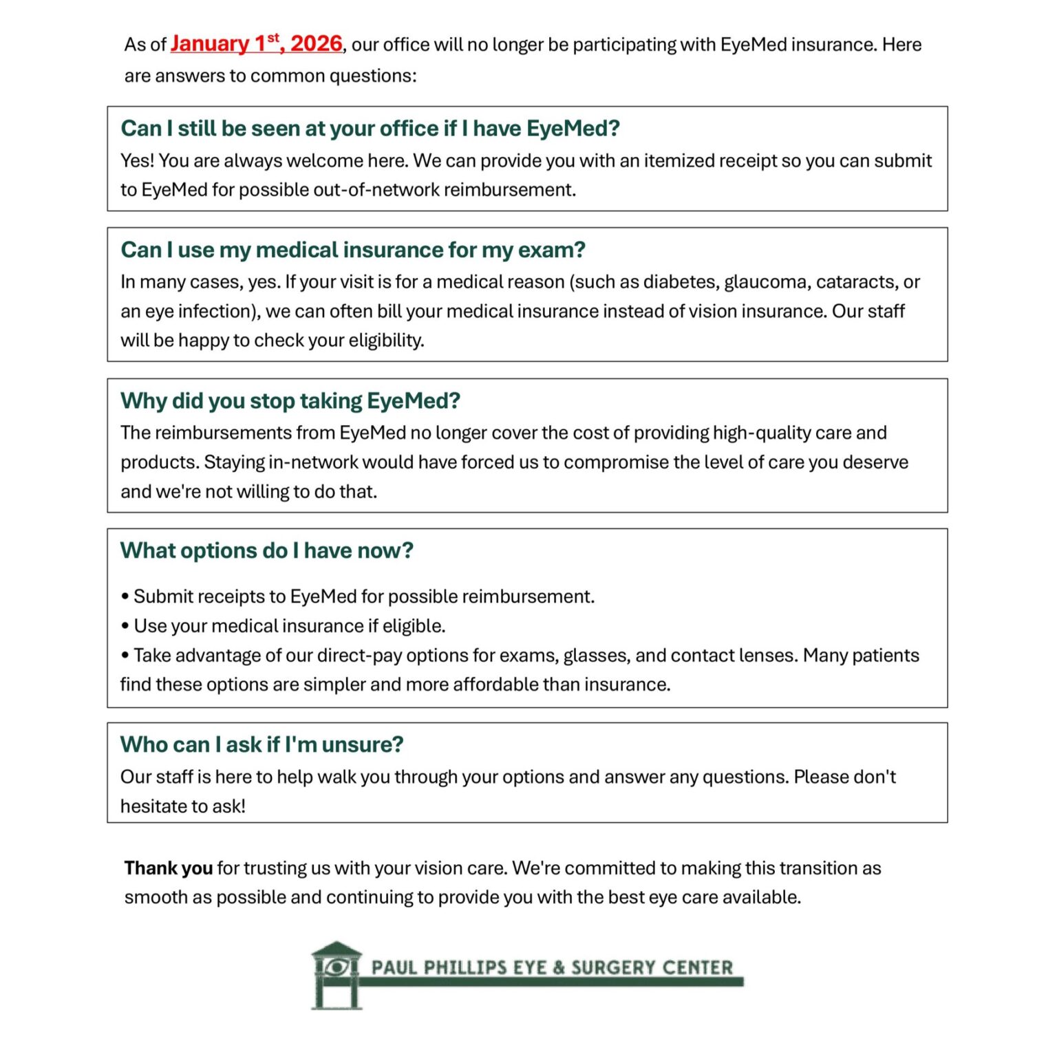 Important Update: EyeMed Insurance - Paul Phillips Eye & Surgery Center